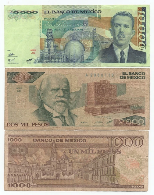 3 BANKNOTES MEXICO 10,000 Pesos 2000 Pesos 1000 Pesos circulated Ref ...