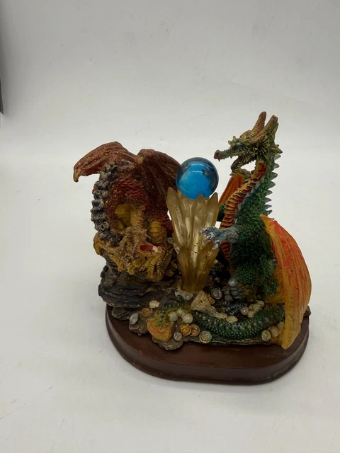 DUAL DRAGON FIGURINE Red & Green Crystal Ball Treasure Hoard Fantasy ...