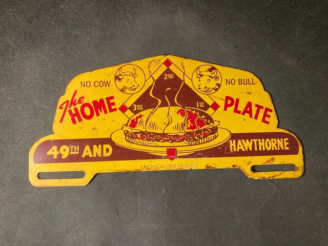 VINTAGE HOME PLATE HAMBURGERS LICENSE PLATE TOPPER Rare Old Advertising ...