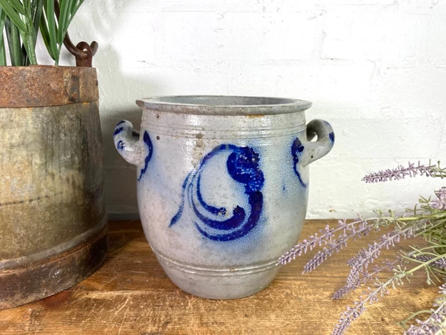 VINTAGE RUSTIC FRENCH Alsace Blue Grey Glazed Stoneware Confit Pot Jug ...