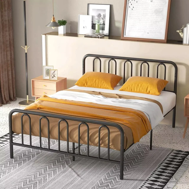 KING SIZE RUSTIC Metal Bed Frame Mattress Foundation w/Metal Slats ...