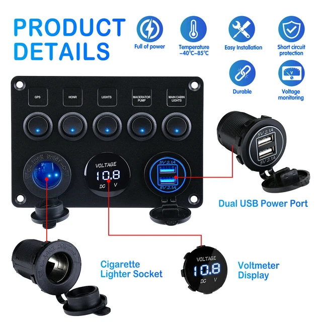 5 GANG 12V LED Light Switch Control Panel Voltmeter Dual USB Charger ...