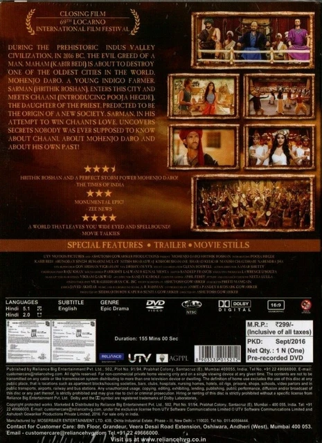 MOHENJO DARO - BOLLYWOOD DVD - Hrithik Roshan, Pooja Hedge, Kabir Bedi ...