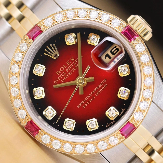 ROLEX FEMMES DATEJUST 79173 Rouge Vignette Cadran 18K Acier Doré ...