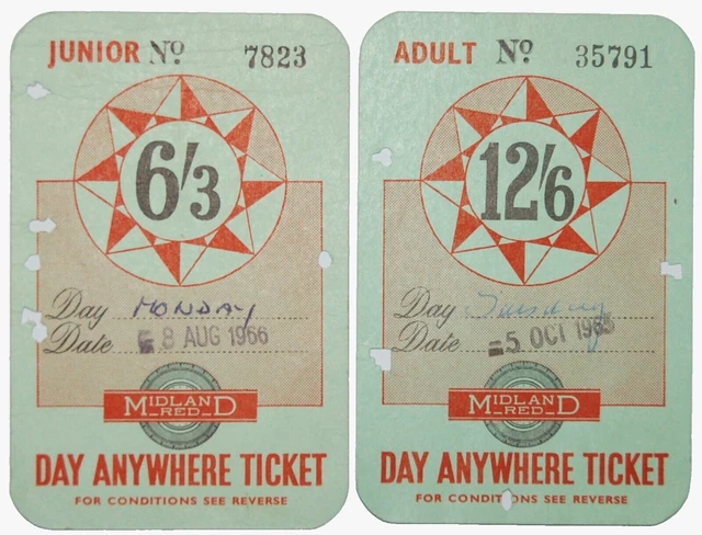 MIDLAND RED, DAY Anywhere Tickets, Junior and Adult Bus Tickets, 1965/ ...
