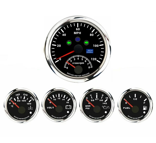 W PRO 5 Gauge Set 85mm GPS Speedometer Tachometer 120 MPH Turn Signal ...