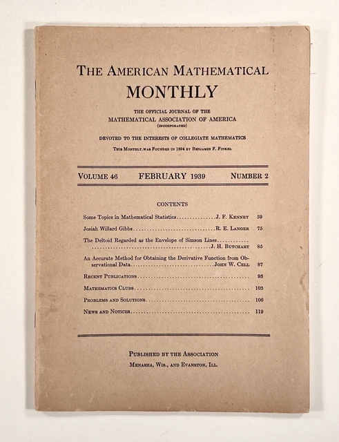 1939 FEB AMERICAN MATHEMATICAL MONTHLY V46n2 ALGORITHMS Gibbs biography &c £4.74 - PicClick UK