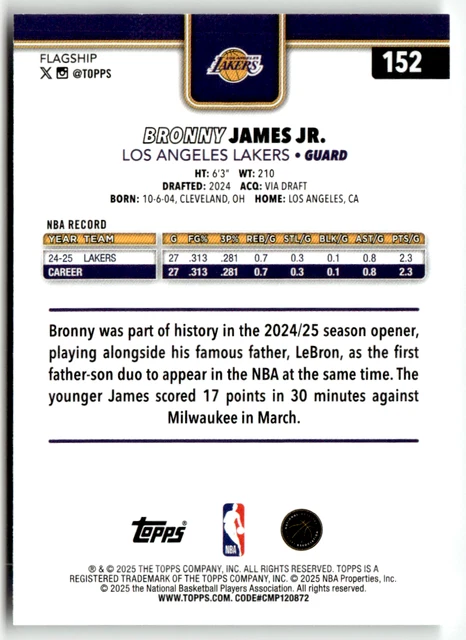 TOPPS NBA FLAGSHIP 2025 No. 152 Bronny James Jr. EUR 1,00 - PicClick ES