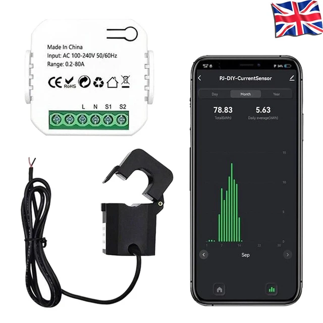 UK TUYA SMART Life WiFi Energy Meter 80A Clamp CT Energy Consumption ...