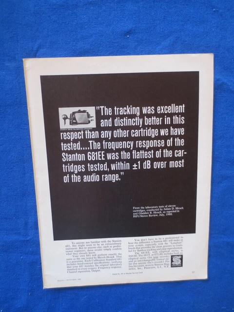 STANTON 681EEE PHONO Cartridge Magazine Ad Audio Mag Sept 1968 $27.25 ...