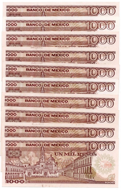 LOT OF TEN 1985 MEXICO 1000 PESOS NOTES ALL DIFFERENT PREFIXES - p85 XF ...