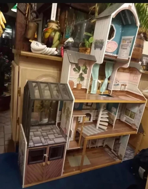 LARGE WOODEN DOLLS House + Conservatory Greenhouse Extension 3 Storey ...