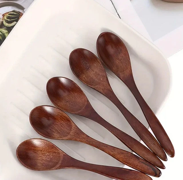 NATURAL WOODEN COFFEE Tea Spoon Honey Teaspoon Spoons Cooking Kitchen ...