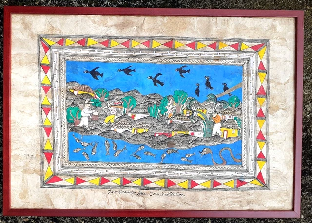 TABLEAU ENCADRÉ DESSIN Signé Sur Vélin Technique Mixte Paysage ...