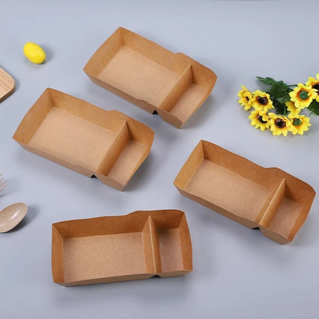 100 PACK 2 Compartment Kraft Paper Food Boat Fast Food Packing Tray ...