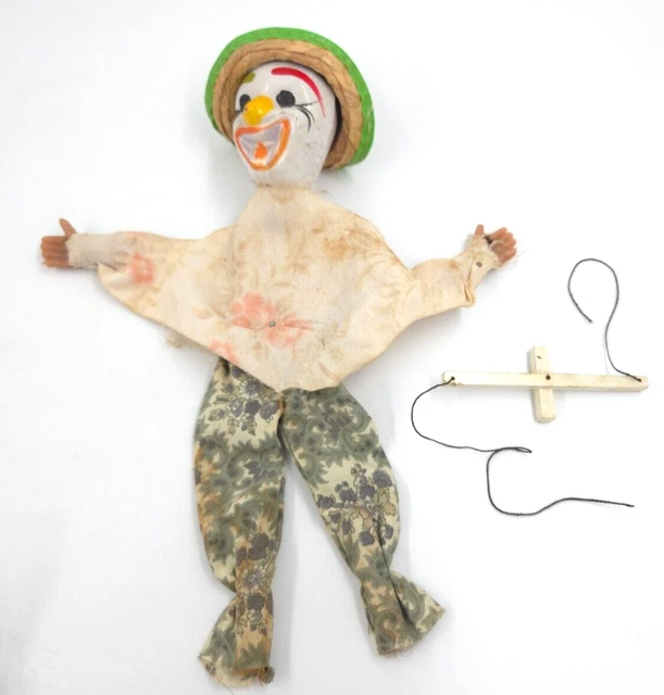 VINTAGE 1970S CLOWN Wooden String Puppet Marionette Toy 13" STRAW HAT ...