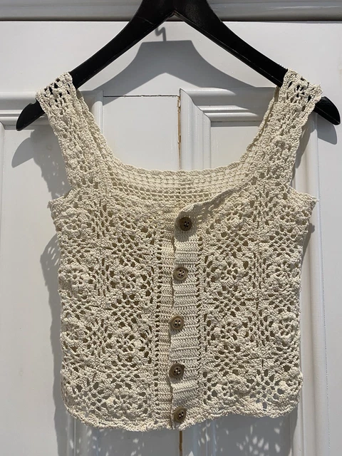 RARE VINTAGE 70S Crocheted Knitted Crop Top Vest Croche Cream EUR 67,94 ...