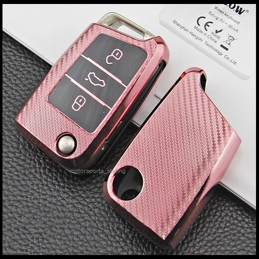 CARBON PINK KEY Cover For VW Polo Golf Tiguan R GTI GTD Car Case Fob ...