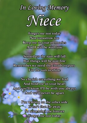 NIECE FORGET ME Not Poem Graveside Memorial Sympathy Funeral Card ...