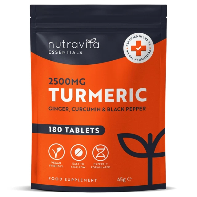 TURMERIC TABLETS 2500MG with Black Pepper Ginger & Curcumin 180 High ...