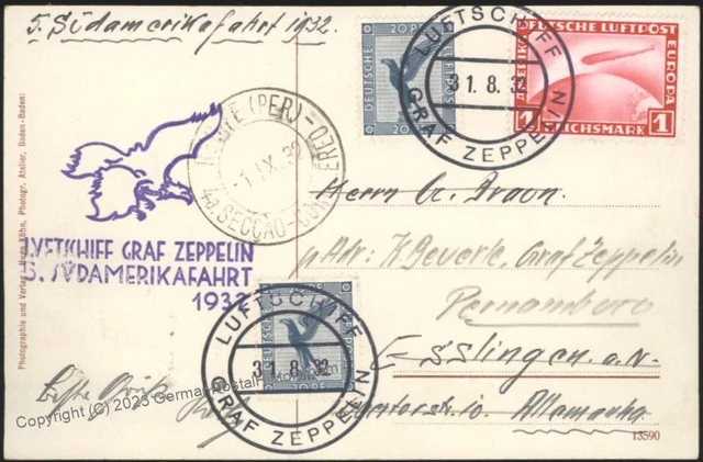 GERMANY 1932 Zeppelin 5th SAF Mi273 Brazil CREW Bordpost Beuerle Estate ...