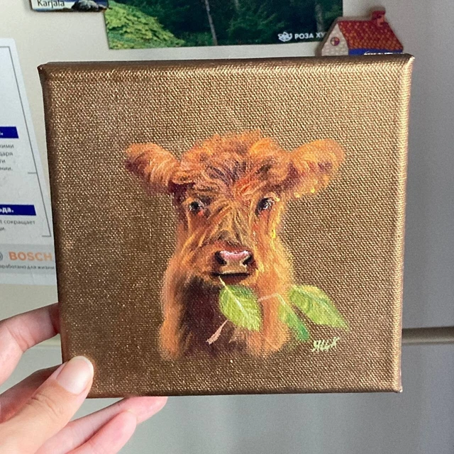 SMALL OIL PAINTING Cow Tiny Canvas Farm Animals Highland Calf ORIGINAL ...
