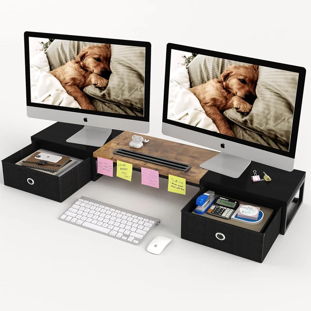 DUAL MONITOR STAND Riser with 2 Drawers - 39Inch Large Storage Computer ...