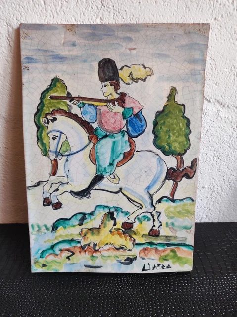 ANCIEN CARREAU EN terre cuite émaillé, signé, cavalier EUR 15,00 ...