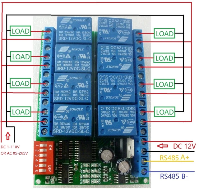 8 CHANNEL DC 12V RS485 Relay Module Modbus RTU 485 Remote Control ...