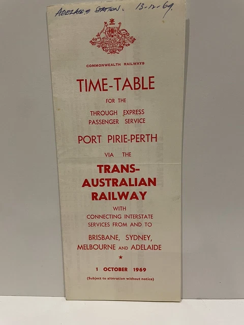 COMMONWEALTH RAILWAYS TRANS Australian Railway Timetable 1969 EUR 3,01 ...