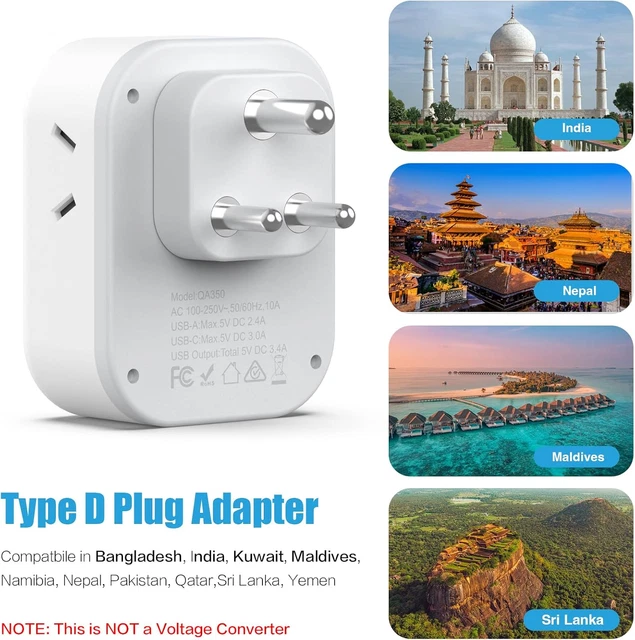 AU TO INDIA Travel Adapter, Type D Travel Plug Adapter with 3 Outlets 4 ...