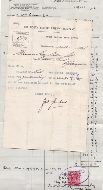THE NORTH BRITISH RAILWAY COMPANY,1906 Stamp Invoice & Payment Receipt ...