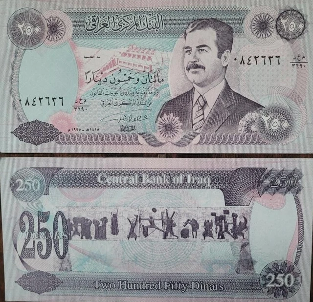AUTHENTIC SADDAM HUSSEIN 250 Iraqi Dinars Banknote Money/Currency/Bill ...