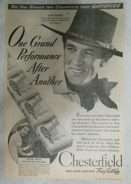 CHESTERFIELD CIGARETTE AD: Actor Gary Cooper from 1940 Size: 8 x 12 ...