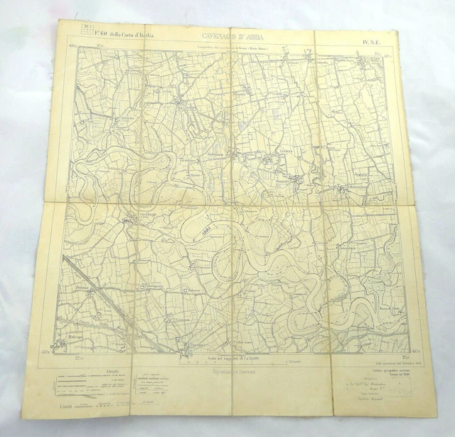 ANTIQUE MILITARY MAP 25,000 Cavenago D'adda Credera Moscazzano Cream ...