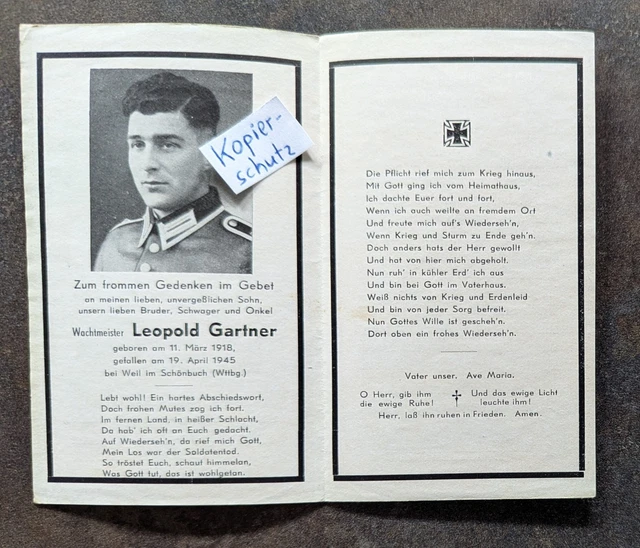 STERBEBILD WACHTMEISTER LEOPOLD Gartner gefallen 1945 Weil im Schönbuch ...