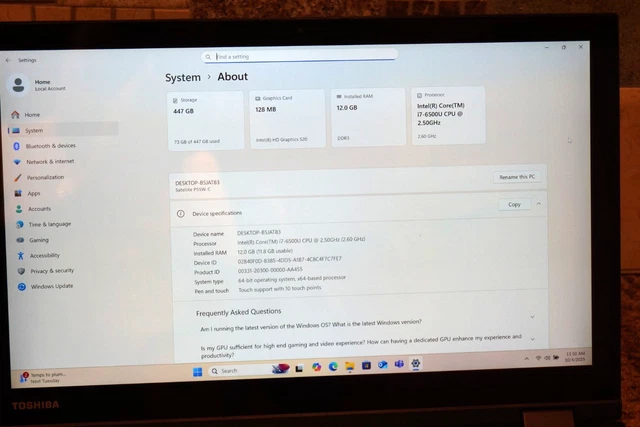 25H2 ACTIVE WIN11 PRO 4K Toshiba P55W-C5316 Gen6 i7@2.50GHz,12GB RAM ...