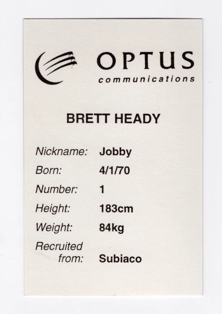 AFL WEST COAST Eagles Club issued cards, Optus 1998. Brett Heady EUR 3 ...