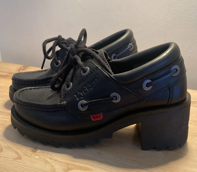 KICKERS KLIO Y2K Style Lace-Up Black Leather Chunky Heel Shoes Size UK ...