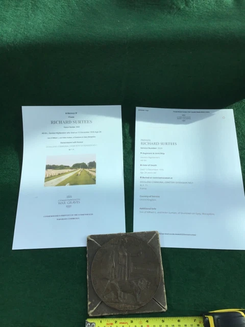 VINTAGE RAREWW1 BRONZE Death Penny in original Case-Pte Richard Surtees ...