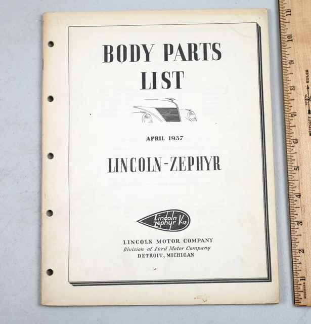VINTAGE ORIGINAL LINCOLN Zephyr Body Parts List Car Automobile Catalog ...