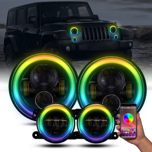 7 Rgb Led Halo Angel Eyes Headlights Fog Lights Combo Kit For Jeep