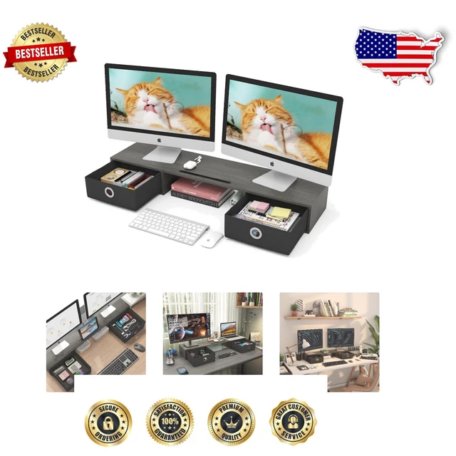 ERGONOMIC DUAL MONITOR Stand Riser with Storage Drawers - Rustic Brown ...