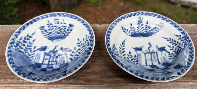 PAIR OF CHINESE Antique Blue and White Dish Qing Dynasty Kangxi 17th C ...