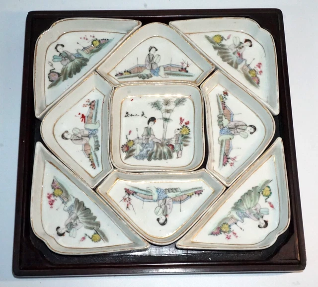 ANTIQUE CHINESE POTTERY Sweet Meat Tray w. Figures in Garden Motif in ...