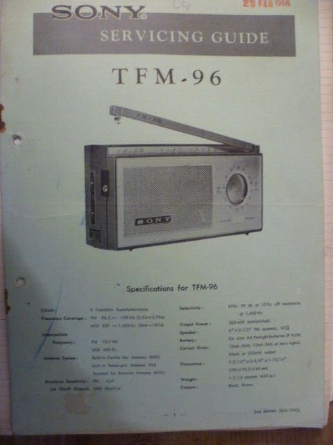 SONY TFM-96 Transistor Radio Original Service Manual £5.80 - PicClick UK