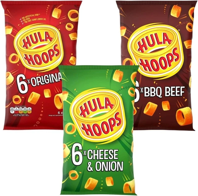 HULA HOOPS 24G Crisps Bundle BBQ Beef Cheese & Onion Original PACK OF ...