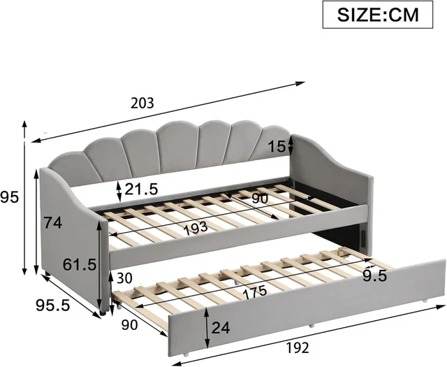 SINGLE PULL OUT Trundle/Bed 3FT -Daybed Sofa bed Velvet Grey for Adults ...