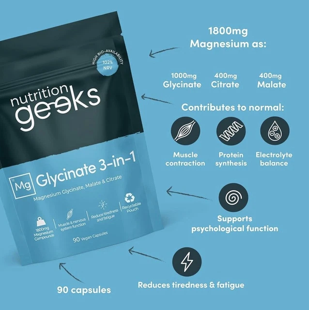 MAGNESIUM GLYCINATE 3-IN-1 Complex - 1800mg Supplements as Bisglycinate ...