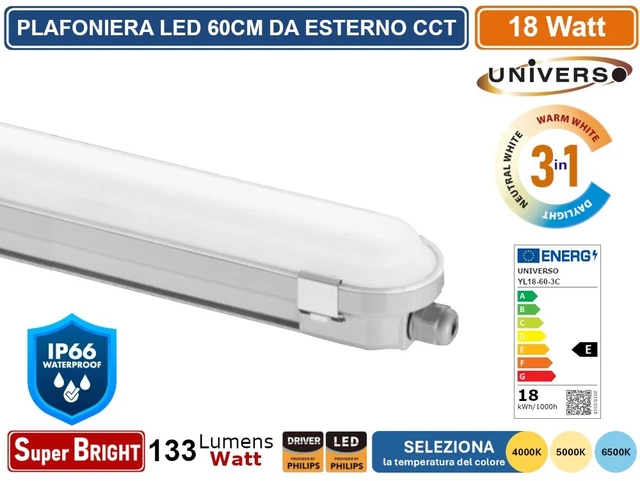 TUBO LED PLAFONIERA Lineare 60Cm Linkabile 18W Ip66 Cct Tripla ...
